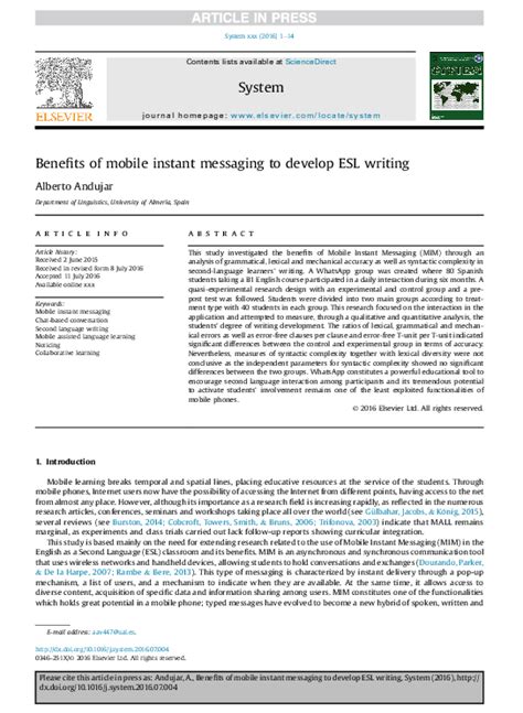 Pdf Benefits Of Mobile Instant Messaging To Develop Esl Writing