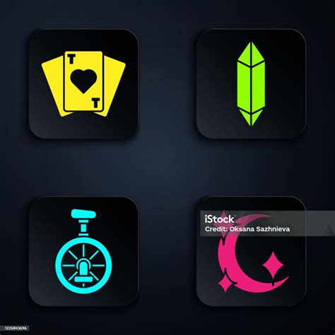 세트 달과 별 카드 놀이 외발 자전거 또는 하나의 바퀴 자전거와 매직 스톤 검은 정사각형 버튼 벡터 1에 대한 스톡 벡터 아트 및 기타 이미지 Istock