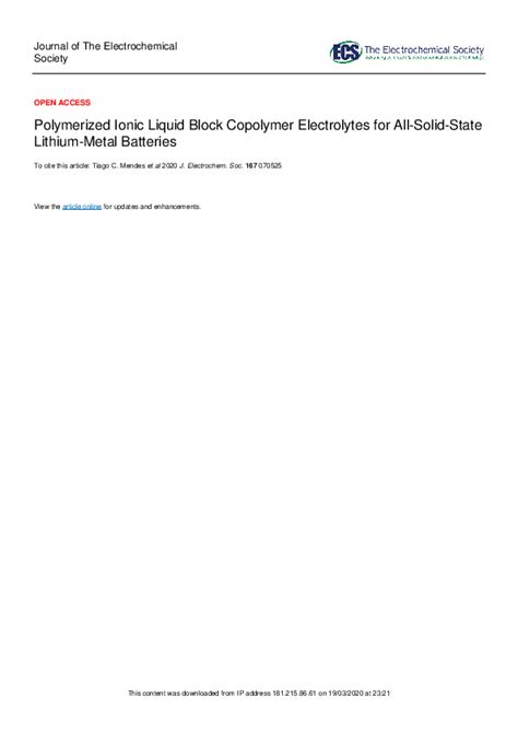 Pdf Polymerized Ionic Liquid Block Copolymer Electrolytes For All Solid State Lithium Metal