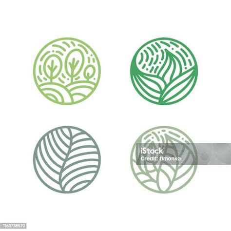 열대 식물 녹색 잎 로고 세트 원형 선형 스타일의 둥근 바이오 엠블럼 천연 물자 꽃집 화장품 생태 개념 건강 스파 요가 센터의