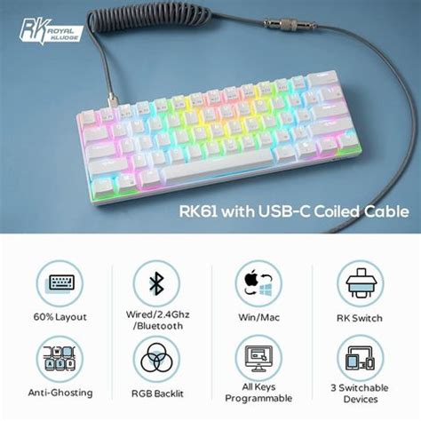 Rk Royal Kludge Rk61 Wireless White Wireless Bluetooth Wired Usb