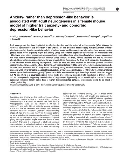 Pdf Anxiety Rather Than Depression Like Behavior Is Associated With Adult Neurogenesis In A