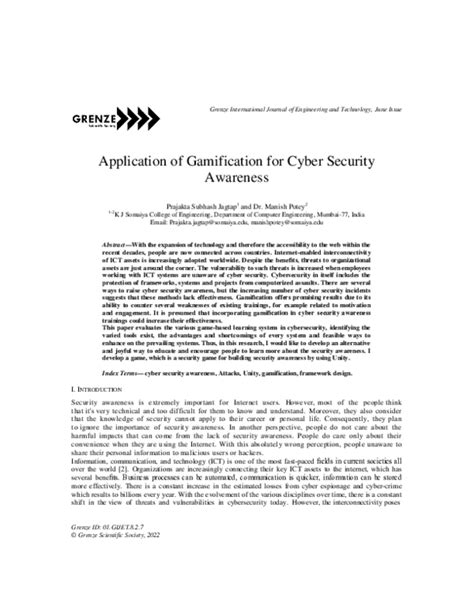 pdf application of gamification for cyber security awareness