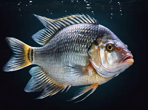 A Tilapia Fish Swimming In The Water With A Black Background Stock