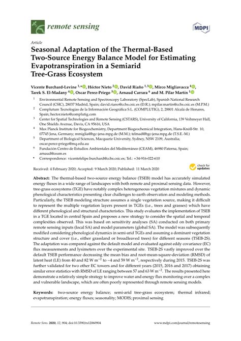 Pdf Seasonal Adaptation Of The Thermal Based Two Source Energy Balance Model For Estimating
