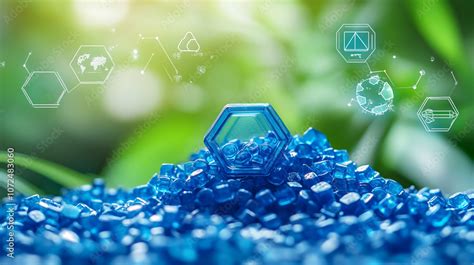 Pile Of Blue Plastic Polymer Granules With A Chemical Structure Overlay