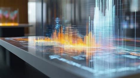 Futuristic Interactive Table Displaying Glowing Graphs And Data Visualization In A Modern Office