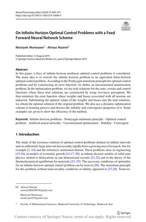 On Infinite Horizon Optimal Control Problems With A Feed Forward Neural Network Scheme Request Pdf