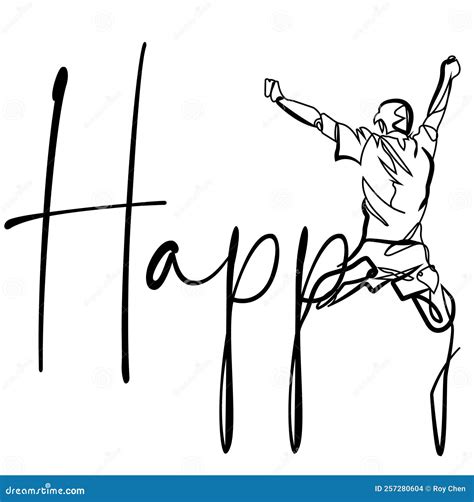 Continuous Line Happy Joy Typography Calligraphy Single Word Graphic Vector Minimal Art Stock