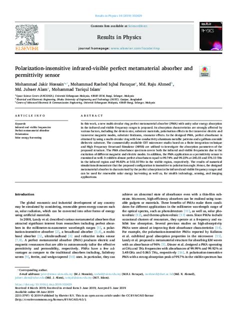 Pdf Polarization Insensitive Infrared Visible Perfect Metamaterial Absorber And Permittivity