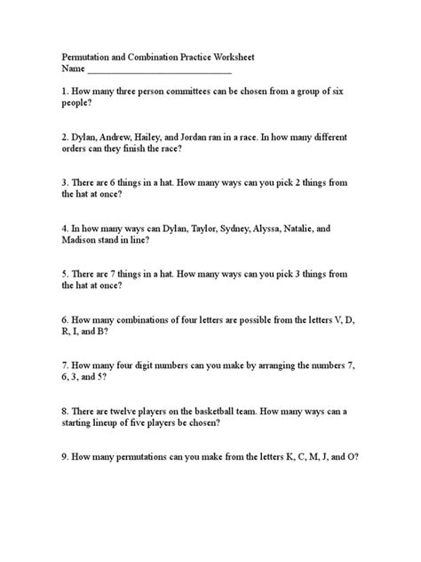 Permutation And Combination Practice Worksheet Pdf Worksheets Library