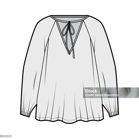 긴 라글란 슬리브 오버사이즈 길쭉한 플레어 밑밑의 타이 디테일 네크라인 블라우스 테크니컬 패션 일러스트 0명에 대한 스톡 벡터 아트 및 기타 이미지 Istock