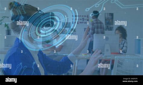 Image Of Scope Scanning And Processor Elements Over Businesswoman