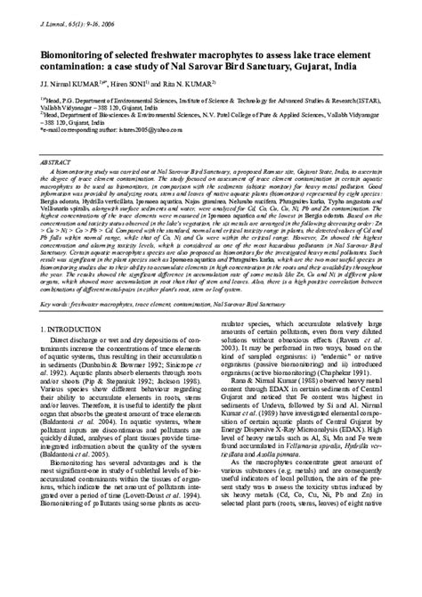 Pdf Biomonitoring Of Selected Freshwater Macrophytes To Assess Lake