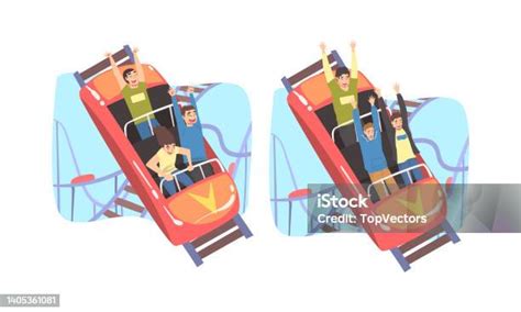 놀이 공원 벡터 세트에서 재미있게 웃고있는 사람들 캐릭터 승마 롤러 코스터 롤러코스터에 대한 스톡 벡터 아트 및 기타 이미지