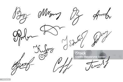 투명한 배경에 있는 문서에 대한 수동 서명 가짜 손으로 그린 사인 가상 서명 검정 잉크 세트입니다 벡터 일러스트 레이 션입니다