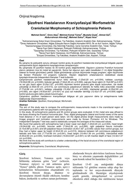 Pdf Orijinal Araştırma Craniofacial Morphometry Of Schizophrenia Patients