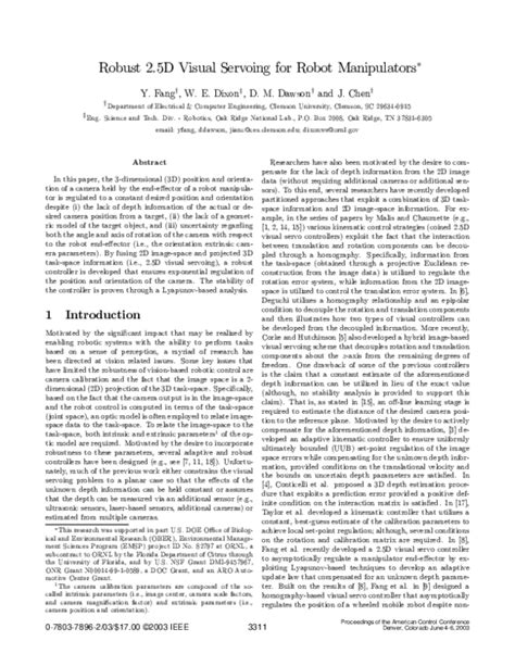 Pdf Robust 25d Visual Servoing For Robot Manipulators