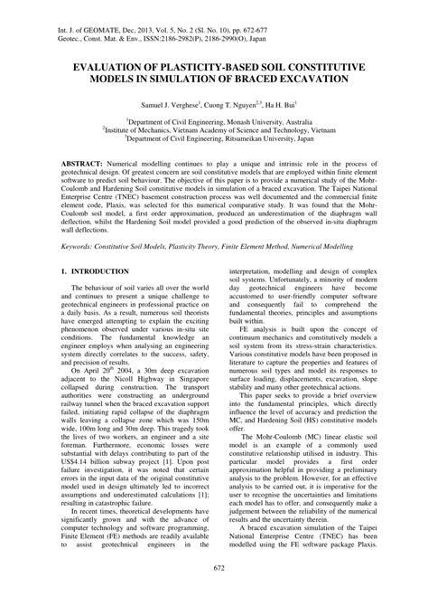 PDF Evaluation Of Plasticity Based Soil Constitutive Models In Simulation Of Braced Excavation