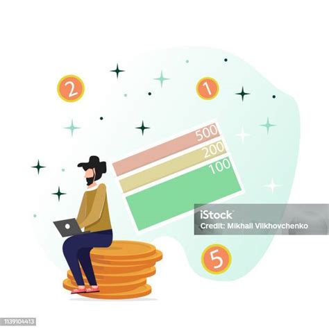 평면 스타일에서 벡터 일러스트 레이 션입니다 수염을 가진 남자는 동전의 더미에 앉아 노트북에서 작업 3차원 형태에 대한 스톡