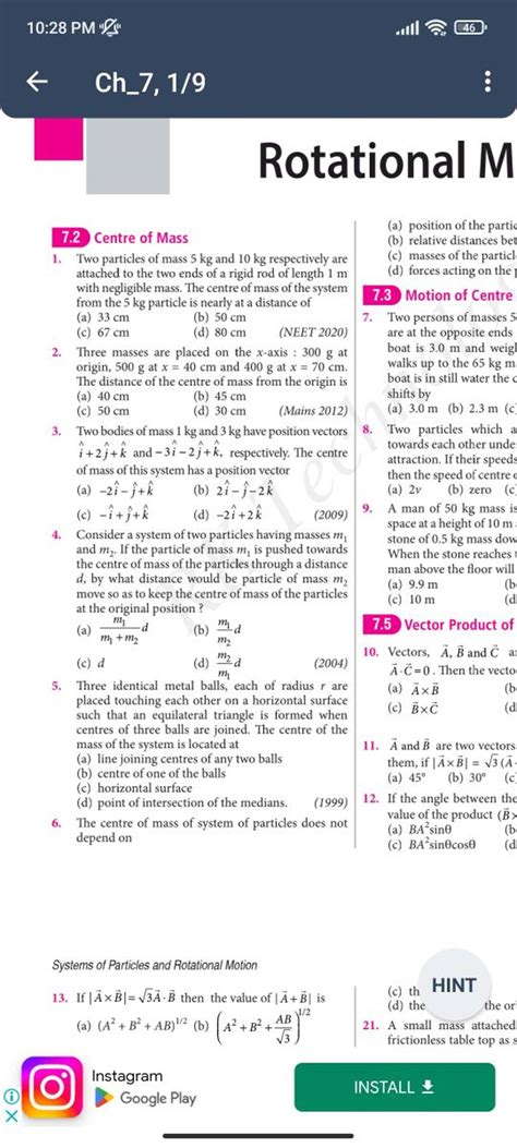 Two Bodies Of Mass 1 Kg And 3 Kg Have Position Vectors 8 Two Particles W
