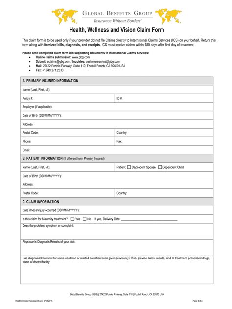 Health Wellness And Vision Claim Form Blank Fillable Template Fill