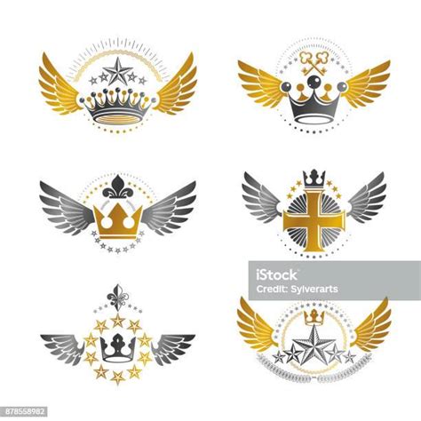 로얄 크라운과 고 대 별 엠 블 럼 설정합니다 팔의 문장 학 외 투 장식 기호가 절연된 벡터 일러스트 컬렉션입니다 공주에 대한 스톡 벡터 아트 및 기타 이미지 Istock