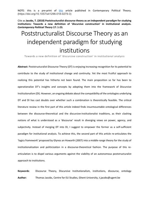 Pdf Poststructuralist Discourse Theory As An Independent Paradigm For