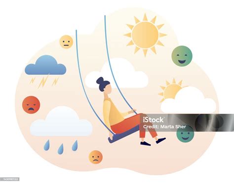 감정이 바뀝니다 기분 변화 여자 심리학 장애 정신 문제 스트레스 불안 및 삶의 위기 양극성 감정 감정적 인 균형 현대 플랫 만화 스타일 벡터 일러스트 레이 션 감정 기복에