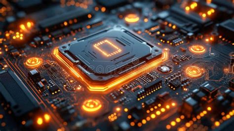 Close Up Of A Glowing Microchip On A Motherboard With Futuristic Orange Lights Showcasing