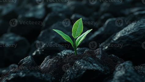 tree shoots on coal rock replant conservation theme in mining field