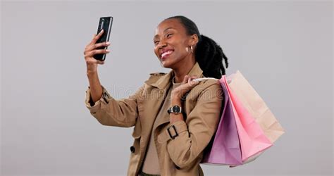 Woman Selfie And Shopping Bag For Social Media Marketing Commerce And