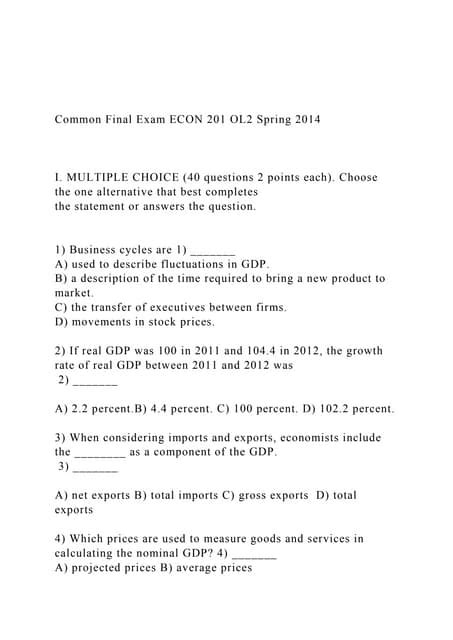 Common Final Exam Econ 201 Ol2 Spring 2014 I Multipdocx