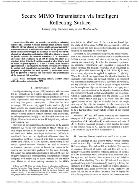 Secure Mimo Transmission Via Intelligent Reflecting Surface Pdf