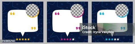 진한 파란색 배경에 고객 피드백 평가 또는 리뷰 인용문을 위한 말풍선이 있는 세 가지 템플릿 세트입니다 따옴표가 있는 빈 말풍선 프레임과 따옴표를 위한 복사 공간 개념에