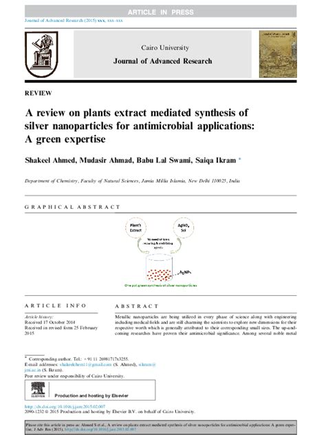 Pdf A Review On Plants Extract Mediated Synthesis Of Silver Nanoparticles For Antimicrobial