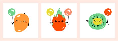 망고 드래곤 과일과 키위의 가와이 문자 여러 가지 빛깔의 풍선 귀여운 행복 과일 인사말 카드 직물 인쇄 또는 포스터에 대한 벡터 일러스트레이션 0명에 대한 스톡 벡터 아트