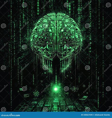 a green brain with binary codes and symbols stock illustration