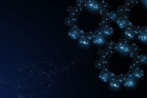 벡터 홀로그램 다각형 삼각형 포인트 및 선으로 만든 기어 디지털 기어 프레임 미래 지향적인 코그휠 첨단 엔지니어링 디지털 통신 기술 개념 기어 기계 부분에 대한 스톡 벡터