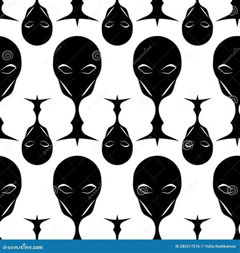 Seamless Pattern Black Graphic Aliens On White Background Texture