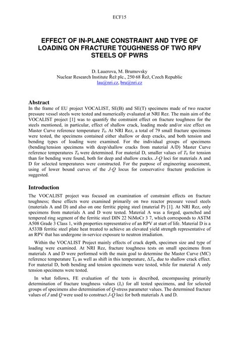 Pdf Effect Of In Plane Constraint And Type Of Loading On Fracture Toughness Of Two Rpv Steels