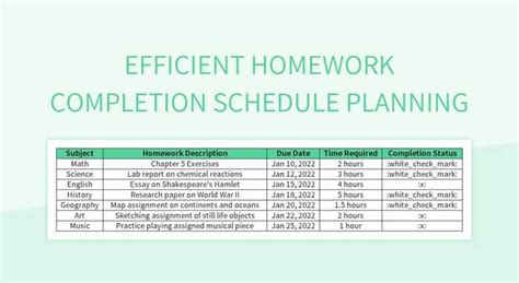 Efficient Homework Completion Schedule Planning Excel Template Free