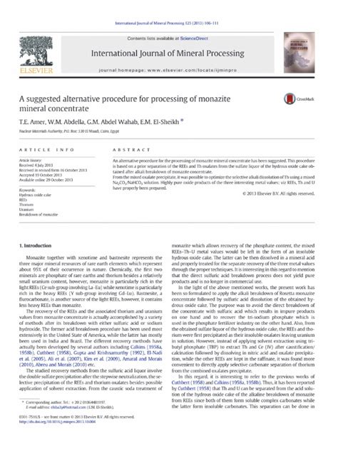 a suggested alternative procedure for processing of monazite mineral