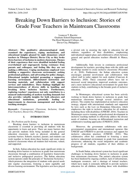 Breaking Down Barriers To Inclusion Stories Of Grade Four Teachers In