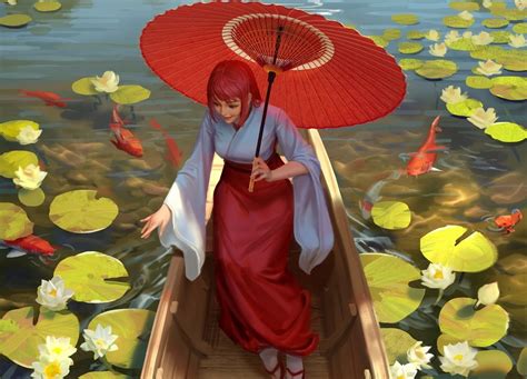 Обои на рабочий стол Девушка под красным зонтиком сидит в лодке на воде с карпами и цветущими