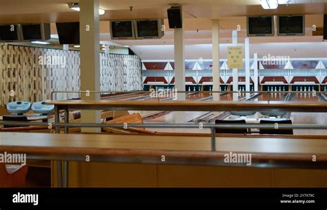 90s Style Bowling Alley Featuring Retro Decor Wooden Lanes Bowling