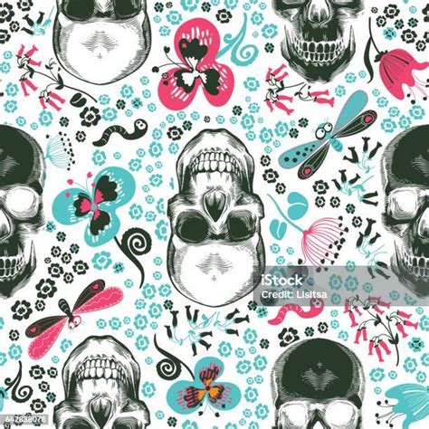 목 판화 스타일과 귀여운 장식 꽃과 배경에 곤충 단색 인간의 두개골과 꽃 완벽 한 패턴입니다 벽지 직물 인쇄 포장지에 대 한 벡터 일러스트 레이 션 곤충에 대한 스톡 벡터