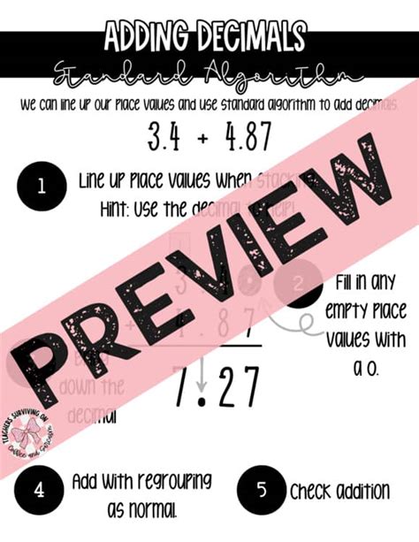 Adding Decimals Standard Algorithm Anchor Chart Tpt