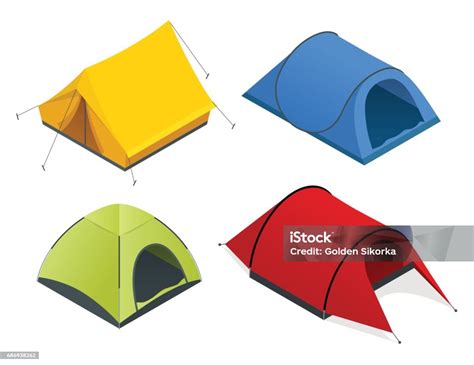 관광 텐트의 아이소메트릭 아이콘 세트입니다 인포 그래픽 디자인과 게임에 대 한 3 차원 Isometric 그림을 평면 등측투영법