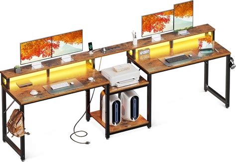 98 Computer Desks With Storage Shelves 2 Person Writing With Led Lights And Power Outlet Long